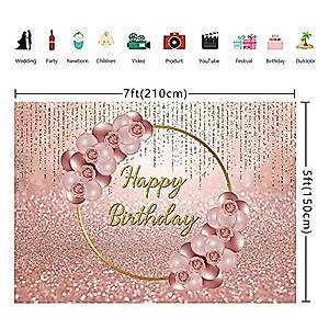 Pink Rose Gold Happy Birthday Photography Backdrop Glitter Sparkle Balloon Women Sweet Princess Girl Women Birthday Party Photo Background Dessert Cake Table Decor Props(7x5FT)