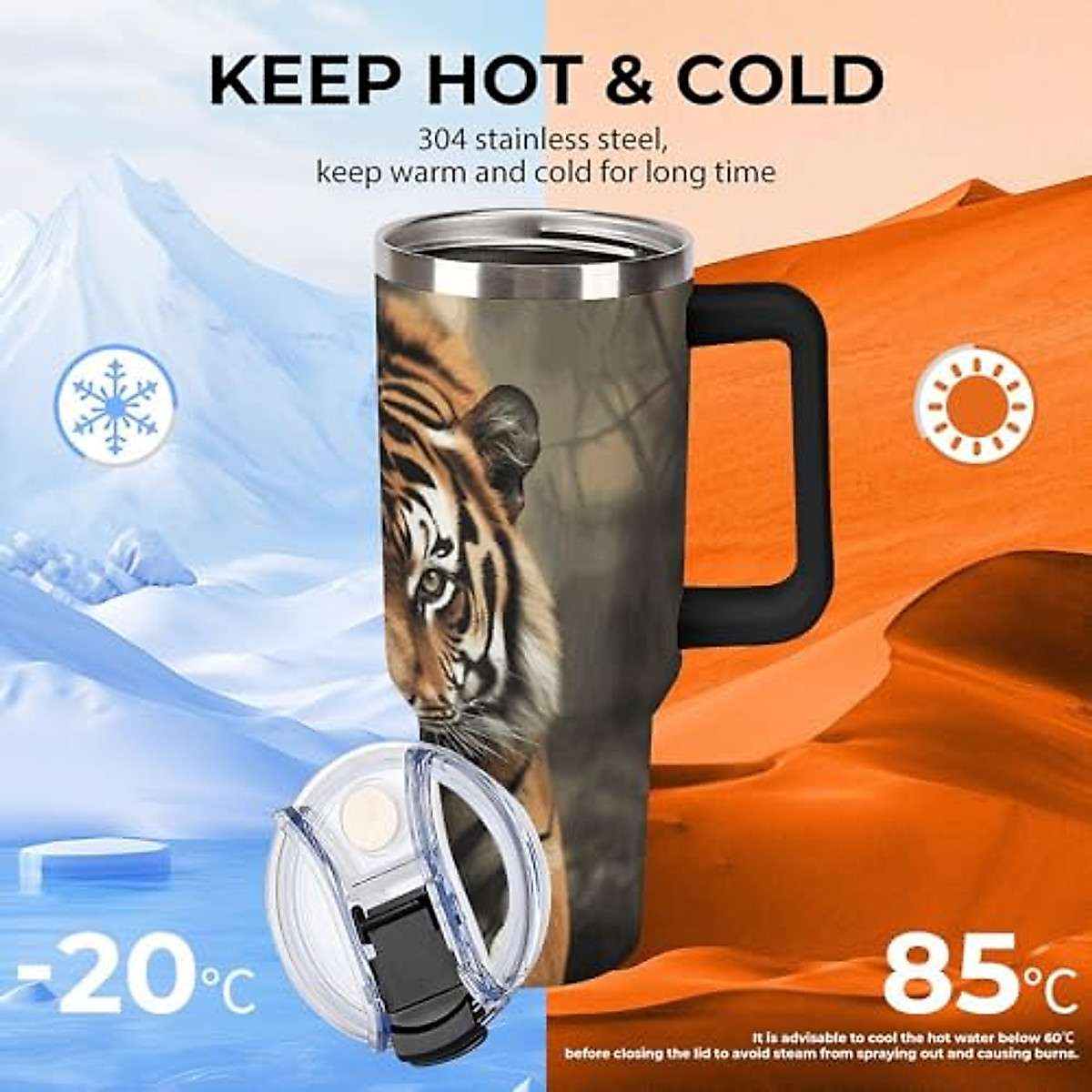 LLUTSNTH 40 Oz Vacuum Tumbler with Black Handle Leakproof Insulated Tumbler Wild Animals Tiger Stainless Steel Travel Mug with Lid And Straw Coffee Cup Cute Water Bottles Cup Holder Friendly
