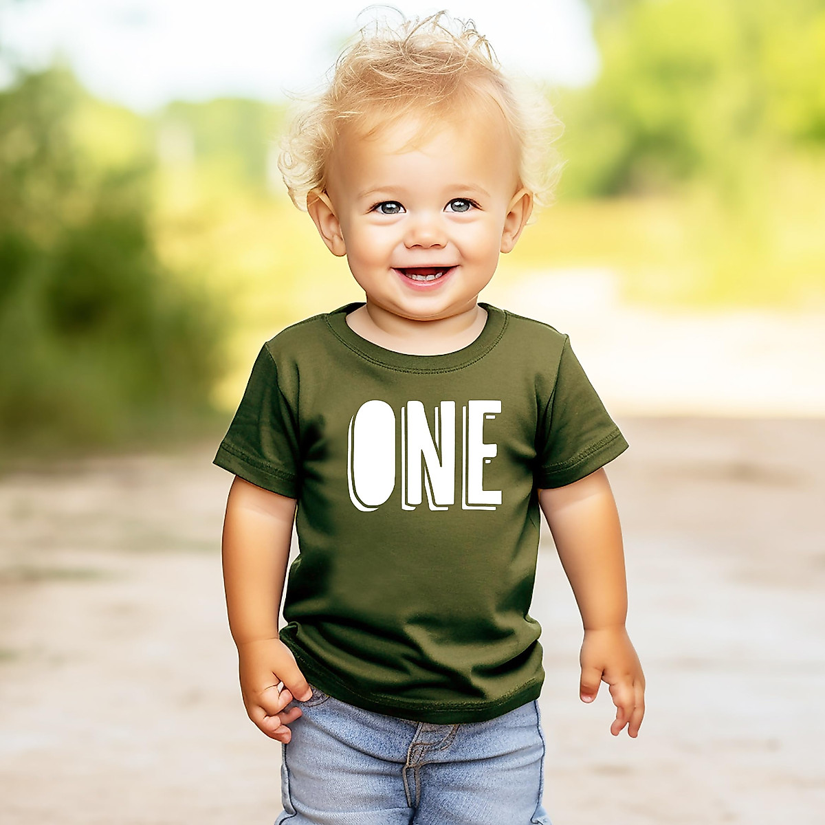 First Birthday Shirt One Outline for 1st Bday Infant Boys and Girls White on Military Green 12 Months