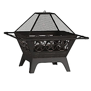 Pure Garden 50-LG1203 32” Outdoor Deep Fire Pit-Square Large Steel Bowl with Star Design, Mesh Spark Screen, Log Poker & Storage Cover-Patio Wood Burning, Black
