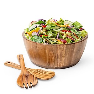 E&WES CO Large Solid Wood Salad Bowl Set 12-Inch Diameter With Wooden Utensils Spoon And Fork - Bowls Great For Mixing