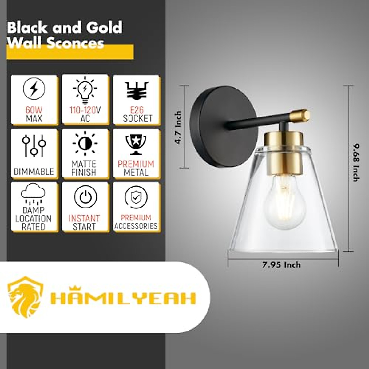 Hamilyeah Black and Gold Wall Sconces Set of 2, Bathroom Sconces Wall Lighting Fixture Indoor with Glass Shade, Mordern Black Wall Sconce Lighting for Kitchen, Hallway, Living Room