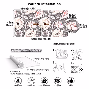 HAOKHOME Floral Peel and Stick Wallpaper Peony Removable Grey/Pink Vinyl Cabinet Self Adhesive Shelf Liner 17.7in x 9.8ft