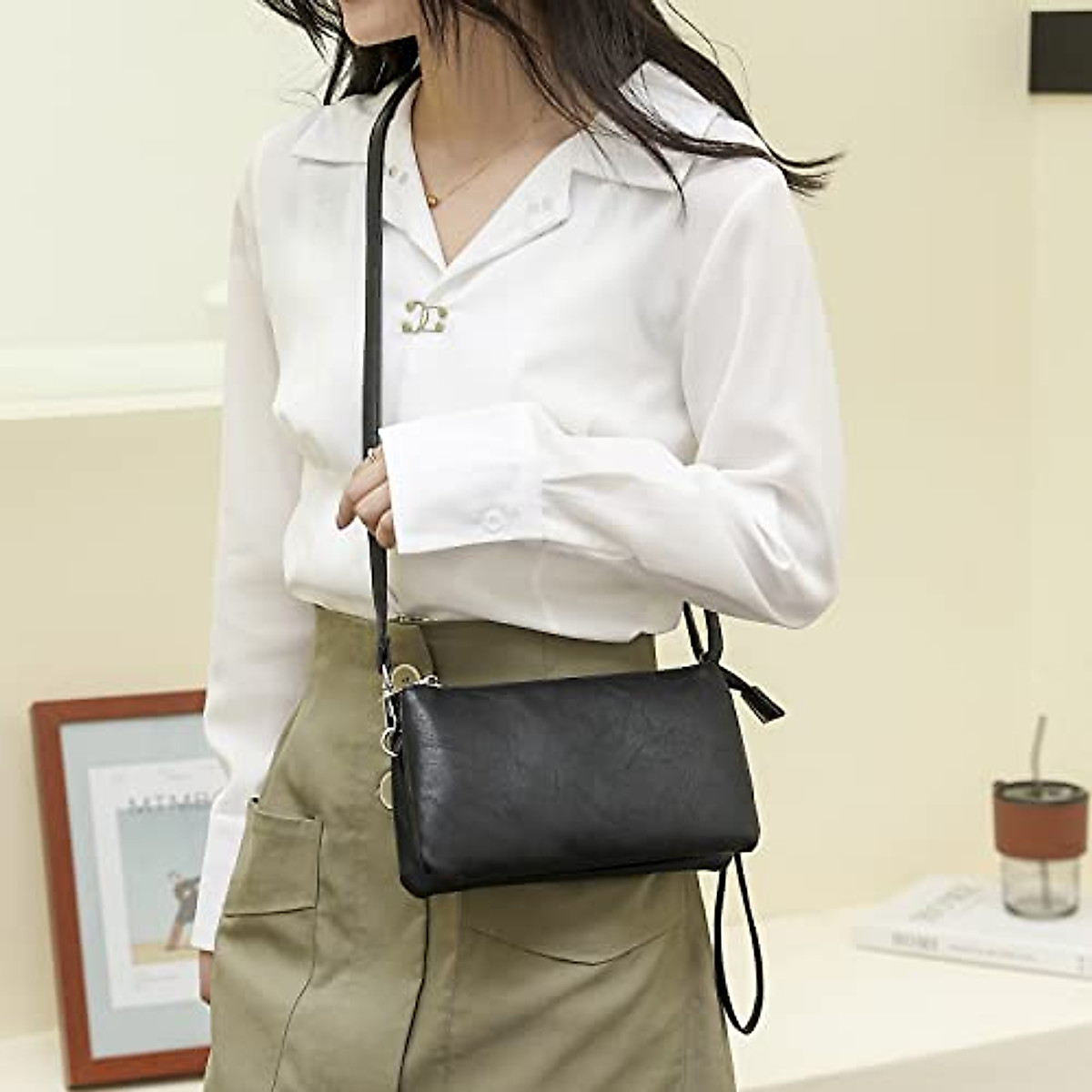 Vegan Leather Wristlet Clutch bag for women,Fashion Evening small Purses crossbody bags Shoulder Handbag party-Black