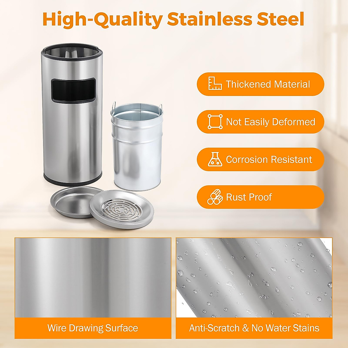 BEAMNOVA Outdoor Trash Can with Lid Stainless Steel Commercial Garbage Enclosure Yard Garage Inside Barrel Industrial Garbage Can Heavy Duty Waste Container, 12.4 * 27 in /31.5 * 68.5cm