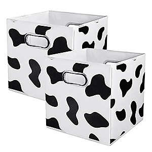 ANMINY 2PCS Storage Cubes Set Cow Print Large Cotton Linen Storage Bins Boxes Baskets with Handles PP Plastic Board Foldable Desktop Closet Shelf Organizer Container for Home Office - 11"x 11"x 11"