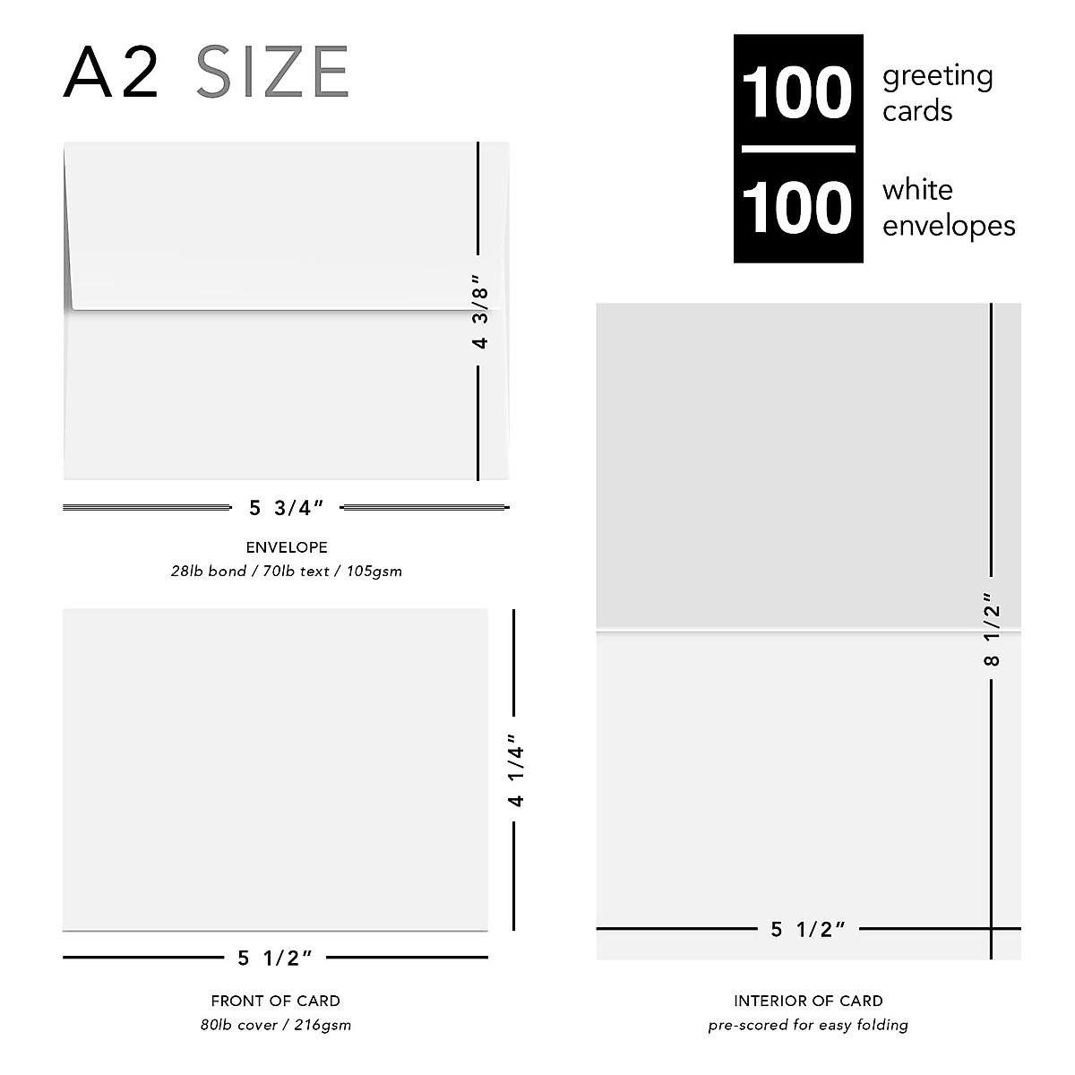 100 Blank White Greeting Cards Set – A2 (4.25" x 5.5") Cardstock and Envelopes – Customized and Personalized Cards for Business, Holidays, Bridal Showers, Birthdays, Wedding Invitations, All Occasion