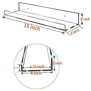 Dulinkas 15-Inch 4 Pcs Floating Shelves Clear Acrylic Shelves Invisible Floating Wall Ledge Bookshelf 5MM Thick Premium Book Display Shelves Wall Mounted Bathroom Kitchen Organizer