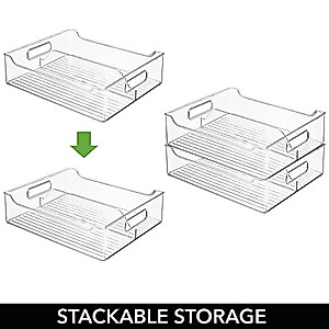 mDesign Wide Plastic Kitchen Pantry Cabinet, Refrigerator, Freezer Food Storage Bin with Handles - Divided Organizer for Fruit, Yogurt, Snacks, Pasta - BPA Free, 14.5" Long, 2 Pack - Clear