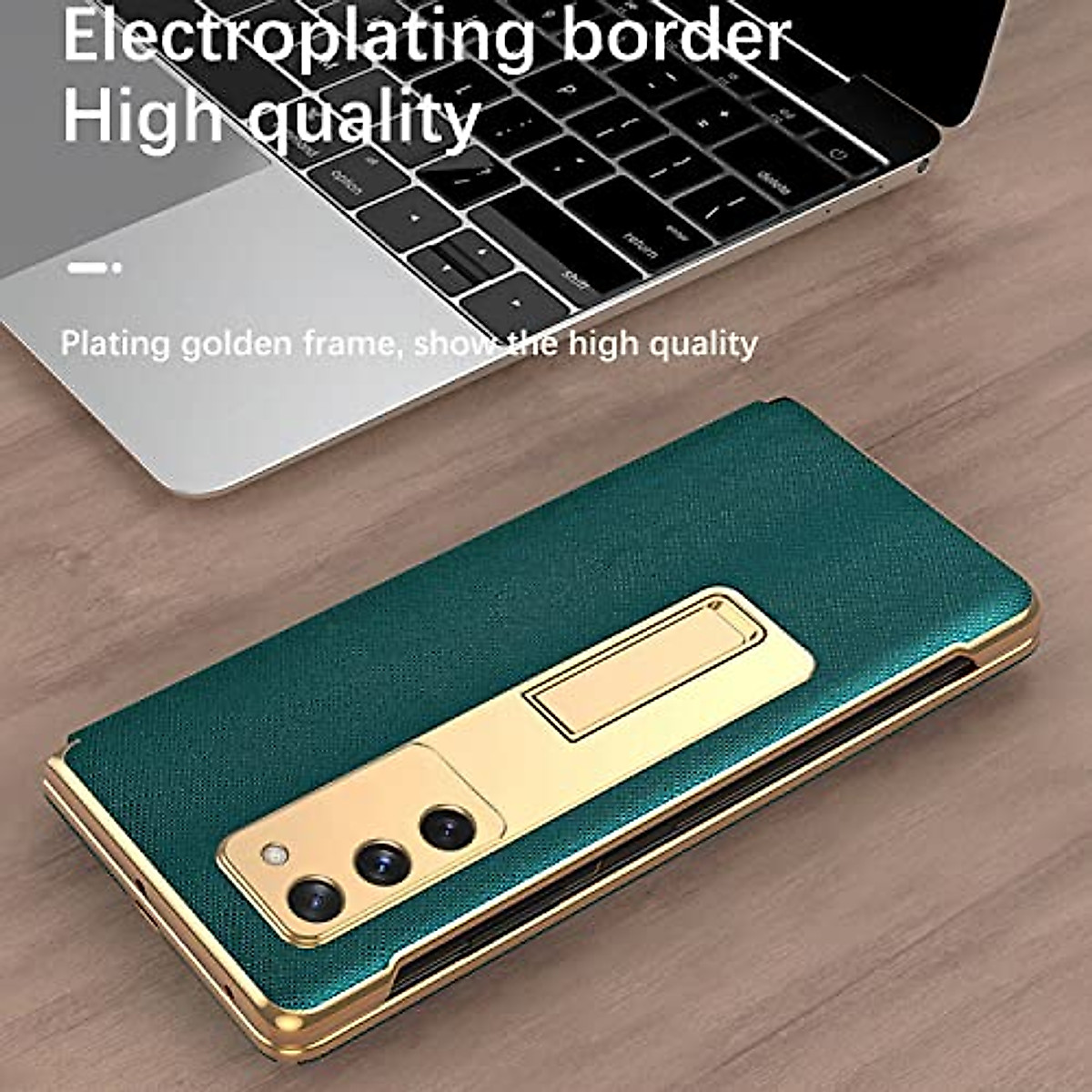 EAXER Compatible with Samsung Galaxy Z Fold 3 5G Case Metal Stand Front with Tempered Glass Cover Luxury Leather Hybrid Plating PC with Kickstand Cover Shockproof Protective Fold Case (Black)