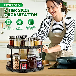 Spice Rack Lazy Susan Organizer - 2 Tier Rotating Spice Spinner for Cabinet with 4 Height Settings & Non-Slip Pad Kitchen Turntable Organization for Bathroom Pantry Countertop & Storage - Black Metal