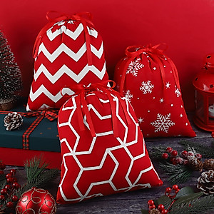 MIMIND 12 Pieces Christmas Drawstring Gift Bags Red and White Cotton Fabric Christmas Gift Bags with Drawstring 12 x 10 Inch Christmas Party Favor Bags for Christmas Party Supplies, 6 Designs