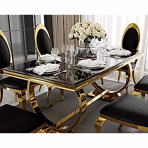 ACEDÉCOR Modern Dining Room Table with Gold Stainless Steel Metal U-Base in Black Gold