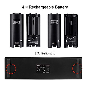 Four Charger Dock for Wii Remote, TechKen Remote Control Charger Docking Station with 4 Rechargeable Batteries from Nintendo Wii Rometo Control