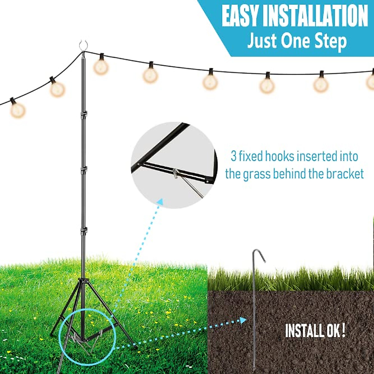 Huamai String Light Poles Outdoor - 8.4FT Flag Light Pole Outside, Backyard Steel Poles for String Lights Hanging Parties Bistro Wedding Garden Patio Lighting Stand