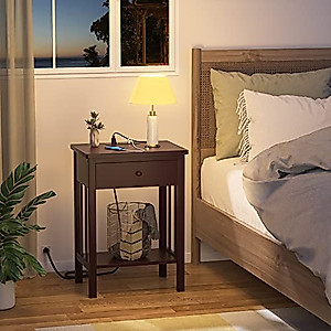 Homykic Nightstand with Charging Station, Bamboo Nightstands Sets of 2, Wood Bedside Table with USB Ports and Outlets, End Table Side Table with Drawer and Storage Shelf for Bedroom, Espresso