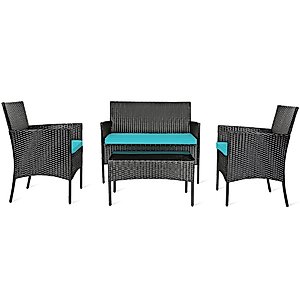 4 PCS Patio Furniture Set Rattan Sofa & Chairs Set Turquoise