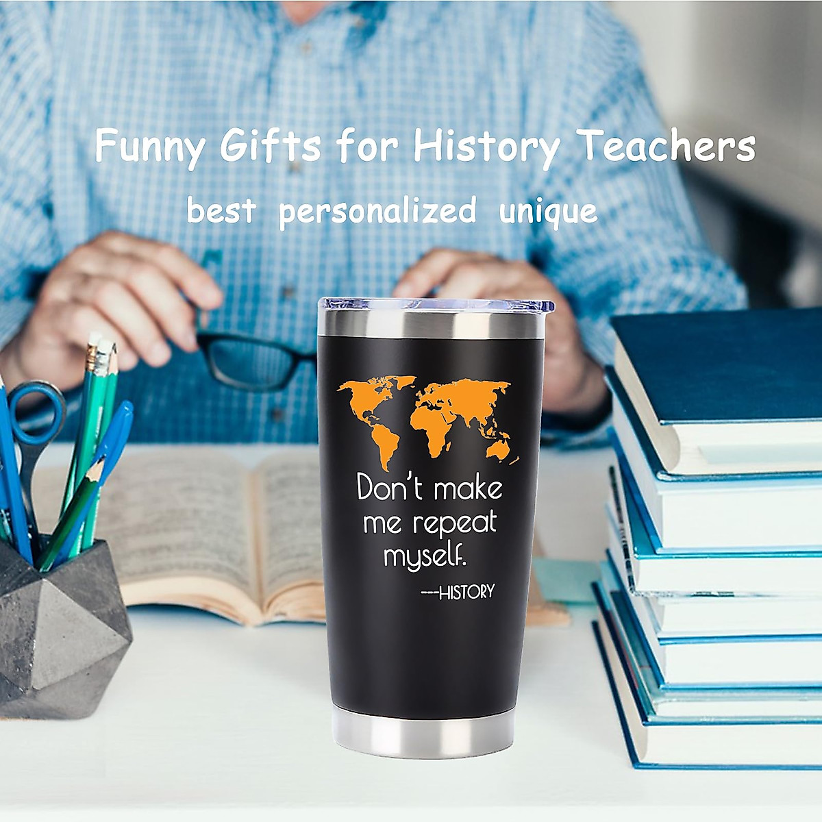 EchoMaven History Gifts for Men, History Teacher Gifts, Gifts for History Lovers, 20oz Don't Make Me Repeat Myself Stainless Steel Travel Tumbler, Christmas Birthday Gifts for History Teacher, Black