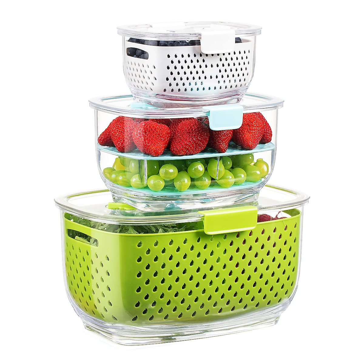 LUXEAR Fresh Produce Vegetable Fruit Storage Containers 3Piece Set, BPA-free Fridge Storage Container, Partitioned Salad Container, Fridge Organizers, Used in Storing Fruits Vegetables Meat Fresh Fish