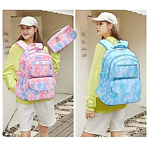 MITOWERMI Star-print Backpack for Girls Elementary School Bookbags Middle-School Backpacks with Lunch Box Pencil Case Many Compartments Blue