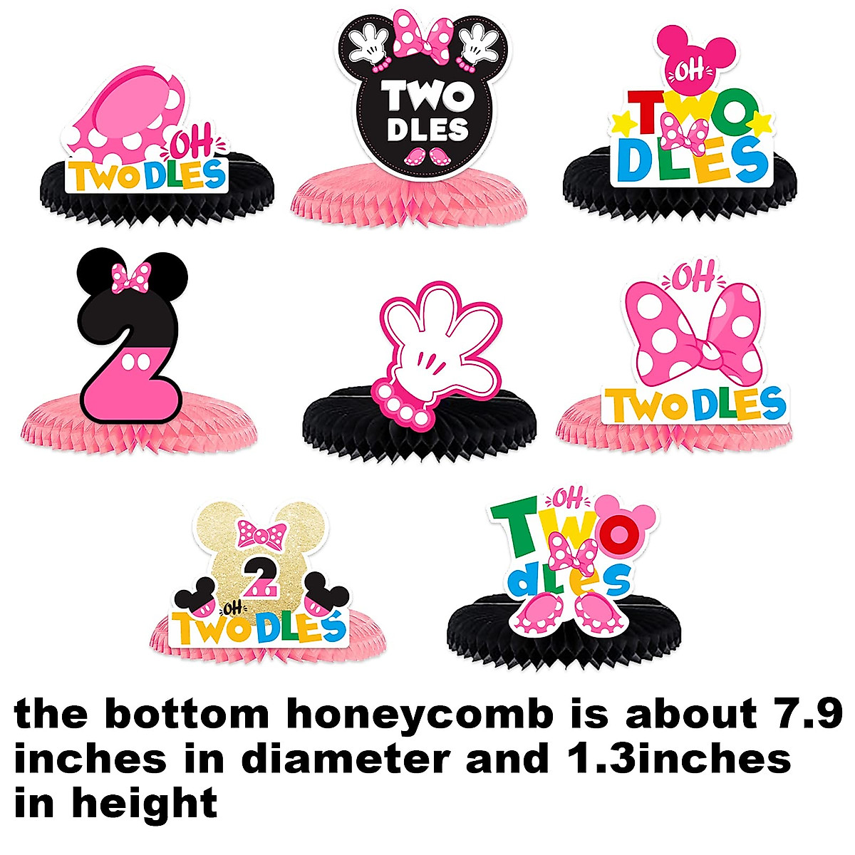 Cartoon Golden Pink Mouse Happy 2nd Birthday Honeycomb Centerpieces Oh Twodles Theme Decor for Boy Girl Princess High Chair 2nd Birthday Party Baby Shower Supplies Decorations Photo Booth Props Kit