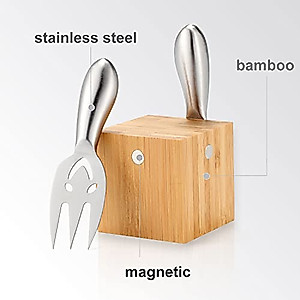 JUBECO The Smiling Face Cheese Knives Set.4 Pieces Stainless Steel Cheese Slicer Cheese Cutter with Wood Bamboo Magnetic Block Stand.