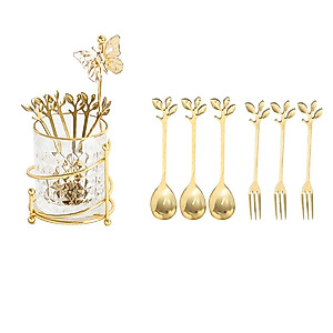 INPROPEXT 6PCS Coffee Spoons with Glass Holder,Small Stainless Steel Gold Tea Spoons,Mini Spoon Set for Fruit,Stirring, Mixing, Sugar, Ice Cream, Cake