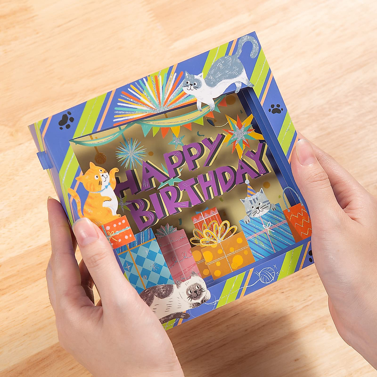 HOMANGA Happy Birthday Cat Greeting Card, 3D Cat Birthday Card, Cat Box Pop Up Bday Card, Displayable Birthday Gift for Cat Person, Mom, Daughter, Sister, Friend with Blank Note and Envelope, 6" x 6"
