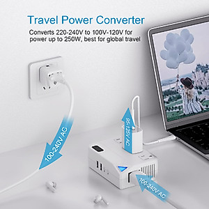 Travel Voltage Converter Step Down, 250W International Power Adapter for Hair Straightener/Curling Iron, Including UK/US/EU/AU/IT/India Universal Plug Adapter (White)