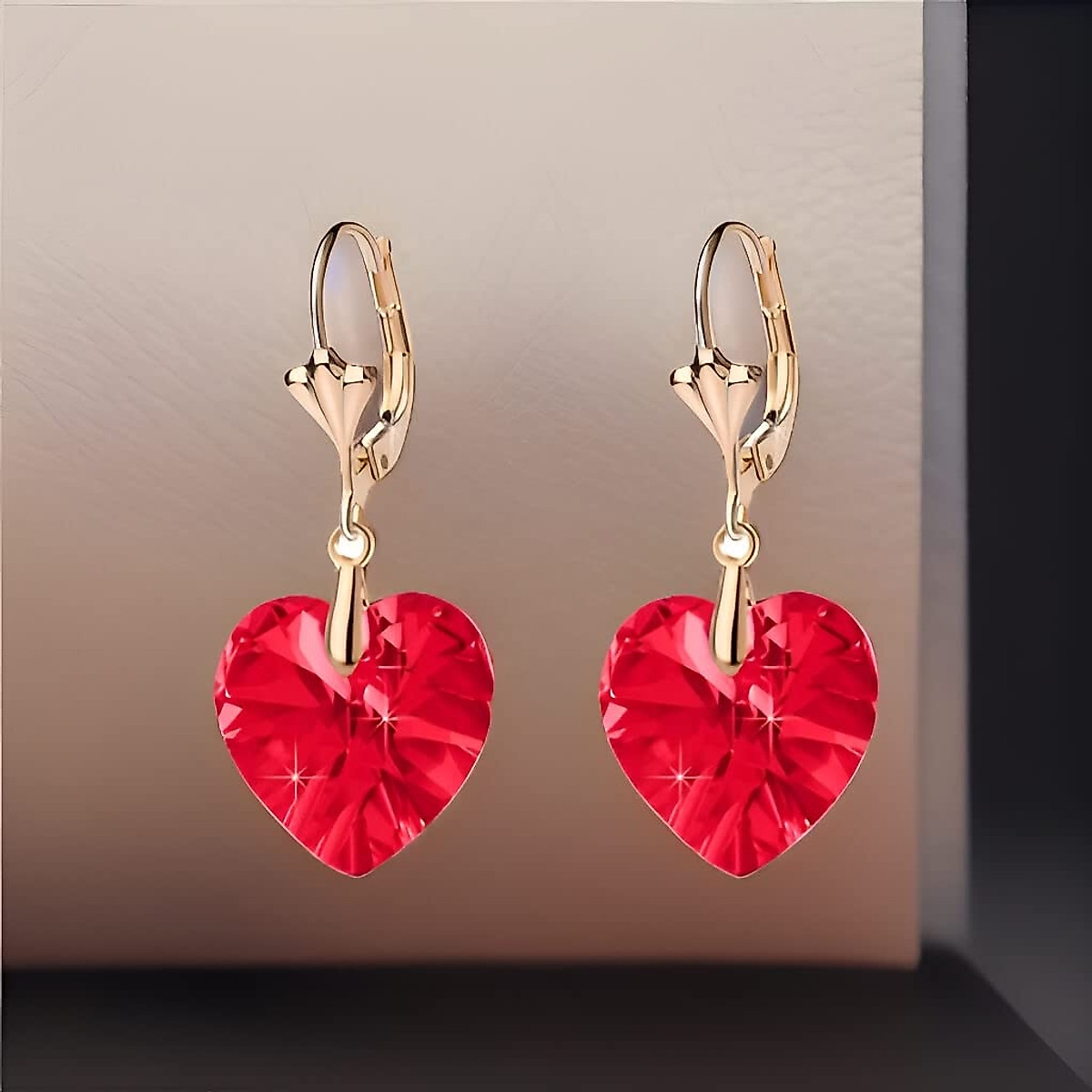Austrian Crystal Heart Drop Leverback Earrings for Women Fashion Dangle Earring 14K Rose Gold Plated Hypoallergenic Jewelry (Red)