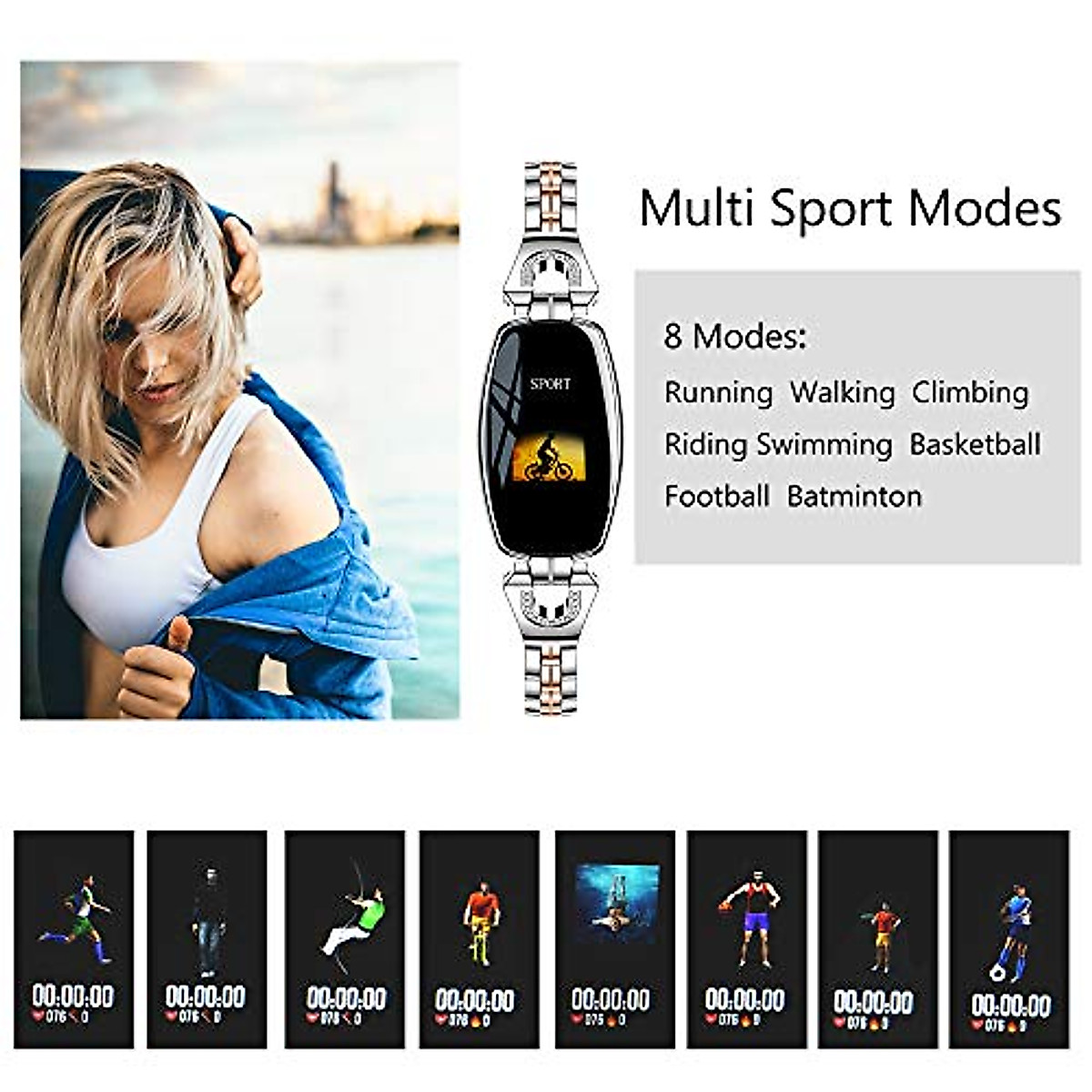 Exquisite Smart Watch, Fitness Tracker with Blood Pressure/Heart Rate/Sleep Monitor for Women, Silver