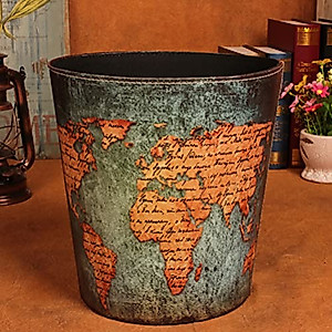 DOITOOL Retro Decorative Trash Can PU Leather Wastebasket Without Lid Waterproof Wastebasket 10 L/ 2.6 Gallon Capacity for Kitchen, Office, Living Room, Bedroom (Map)