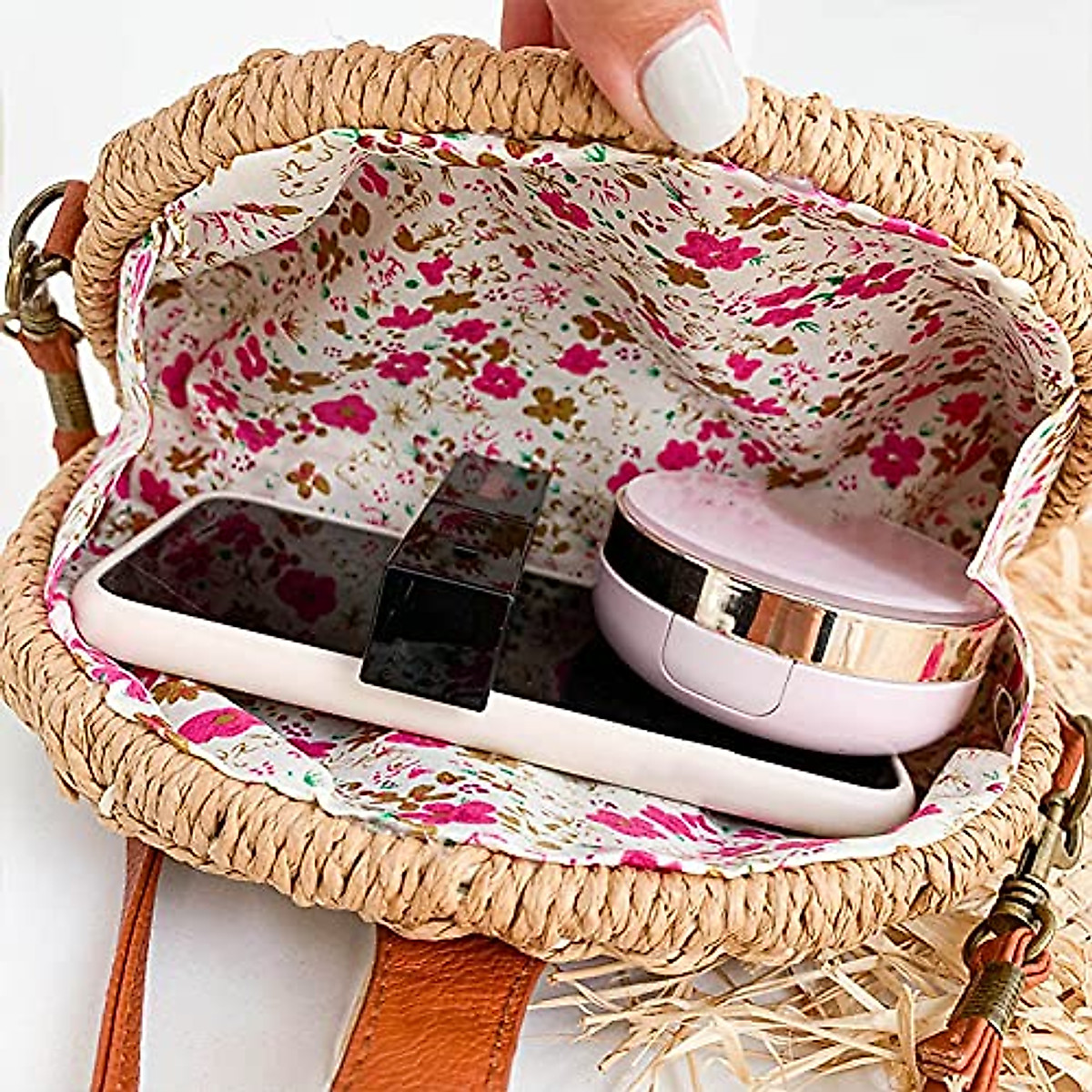 Crossbody Straw Bag Womens Rattan Woven Handbag for Beach Travel (Khaki)