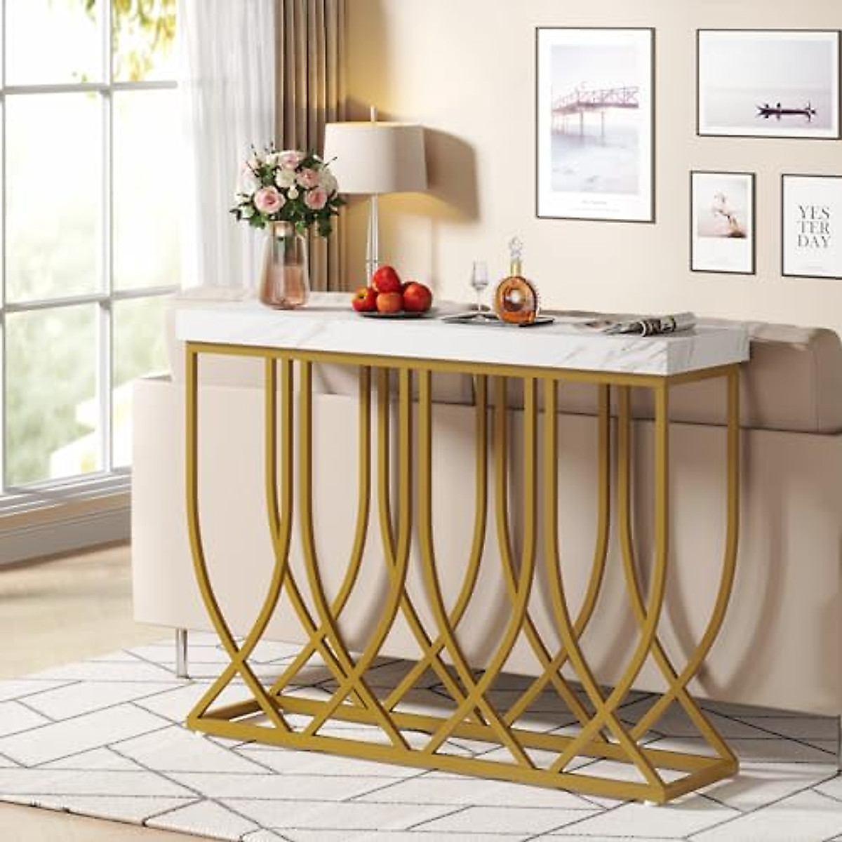 Tribesigns Gold Console Table, Modern Faux Marble Veneer Entryway Foyer Table, 39.4” Narrow Sofa Accent Table with Geometric Metal Legs for Living Room, Hallway, Entrance, White & Gold