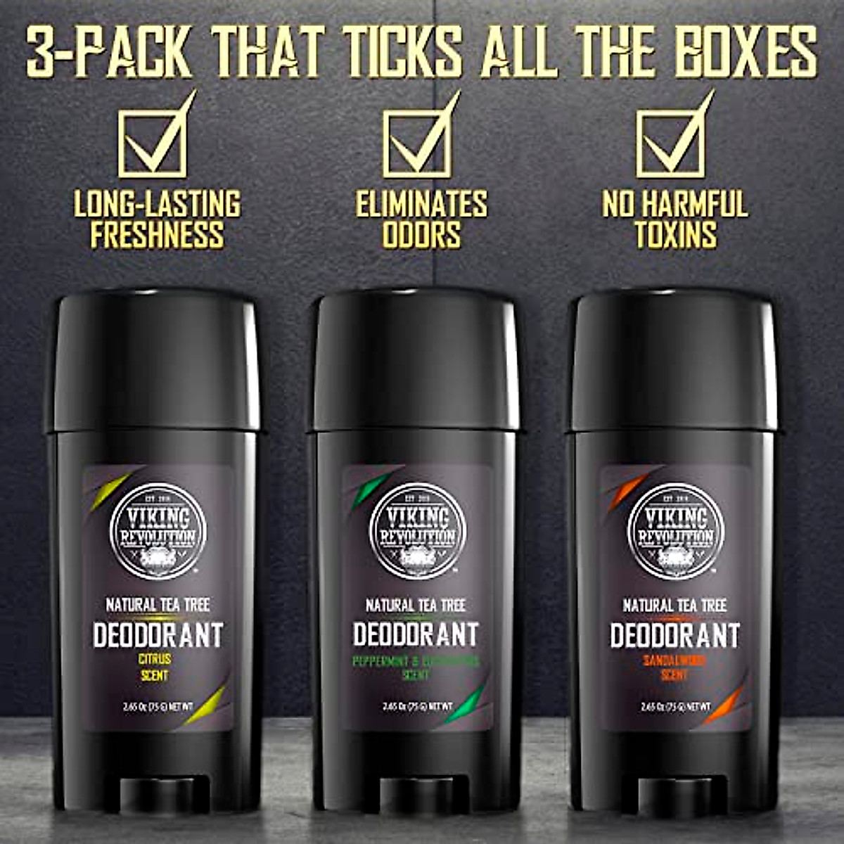VIKING REVOLUTION - 3 Pack Natural Mens Deodorant, Aluminum Free Deodorant for Men - Long-Lasting Odor Protection and Freshness with All Natural Scents: Citrus, Peppermint & Eucaliptus, Sandalwood
