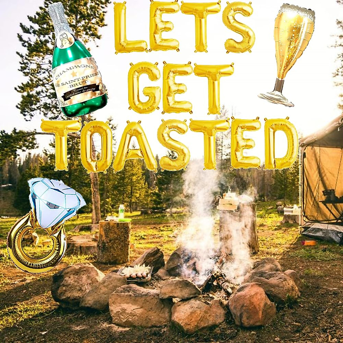 Camp Bachelorette Party Decorations Gold Let's Get Toasted Balloons Happy Camper/Weekend In The Woods/Lake Hiking/Mountain/Camping Themed Engagement Bridal Shower Party Supplies Decorations