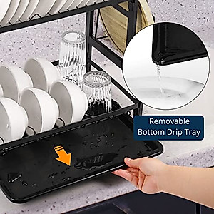 Flexzion 2 Tier Dish Drying Rack Drainboard Set, Kitchen Drying Rack Dish Drainer with Utensil Holder, Cup Hanger, Tray Plate Rack for Kitchen Countertop, Organizer, Storage Accessories, Black