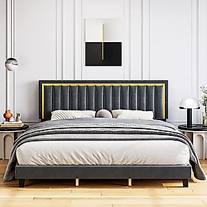 Senfot Full Size Bed Frame, Velvet Upholstered Platform Bed with Adjustable Tufted Headboard and Heavy Duty Metal Foundation with Wood Slats Supports No Box Spring Needed in Gray
