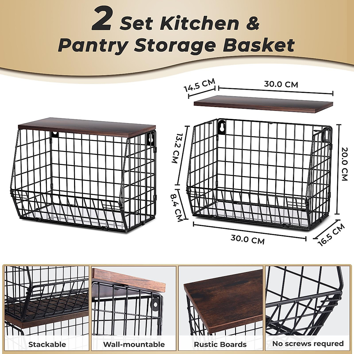 Mefirt 2pcs Fruit Basket Onion Storage Wire Baskets with Wood Lid, Stackable Wall-mounted & Countertop Tiered Kitchen Counter Organizer for Snack, Fruit and Vegetable Storage, 11.8 * 7.9 * 8.5 Inches