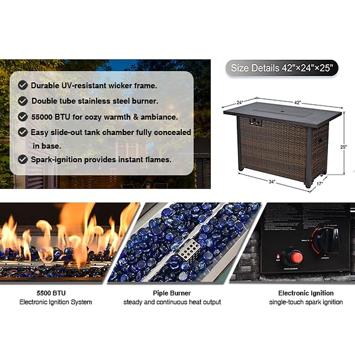 GREZJXC 4 Pieces Outdoor Sectional Patio Furniture Set with Fire Pit Table,PE Rattan Wicker Patio Sectional Conversation Set with Cushions and Glass Coffee Table Grey