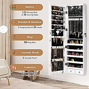 COSTWAY Mirror Jewelry Armoire, Wall Door Mounted Jewelry Organizer w/Full-length Mirror and 2 LED Lights, Lockable Large Capacity Jewelry Cabinet for Earrings, Necklaces, Bracelets (White)