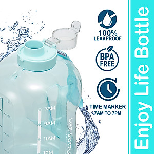 Life Bottle 1 Gallon Water Bottle with Straw Lid and Chug Lid, Big Leakproof Water Jug with Time Marker, No Quotes. 128 oz Water Bottle with Handle and Straw, BPA Free