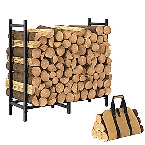 NANANARDOSO 2.6ft Outdoor Indoor Firewood Rack and Tote Bag Combo Wood Rack for Firewood Storage Heavy Duty Log Holders for Fireplace Metal Lumber Storage Carrier Organizer