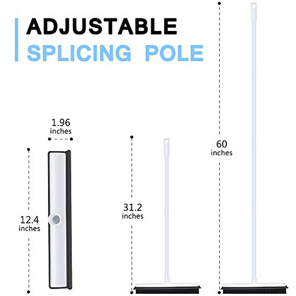 Push Broom, Soft Bristle Rubber Sweeper Squeegee Edge with 60 inches Adjustable Long Handle, Non Scratch Bristle Broom for Pet Dog Hair Carpet Hardwood Floor Tile Windows Cleaning (White)