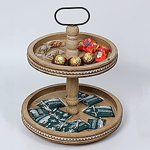 2 Tiered Tray Wooden Serving Stand Small Beaded Tray for Home Decor Display Farmhouse Country Decoration Kitchen or Dining or Room