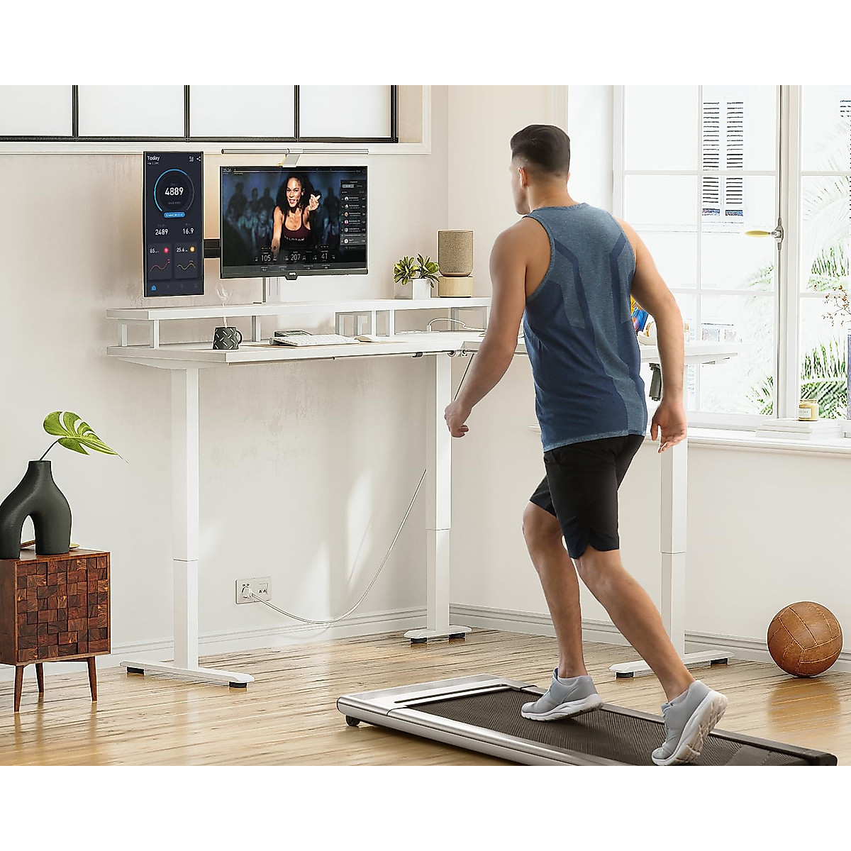 AODK Electric L-Shaped Standing Desk, Height Adjustable Office Desk with Monitor Stand, Sit-Stand Desk with Power Outlets, Large Lift Table for Home, Office, Workstation, White