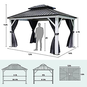 YITAHOME White Gazebo 10x12ft Hardtop Double Roof Canopy Galvanized Iron Aluminum Frame Outdoor Gazebo with Netting and Shaded Curtains Garden Tent for Patio, Backyard, Deck and Lawns, Grey Curtain