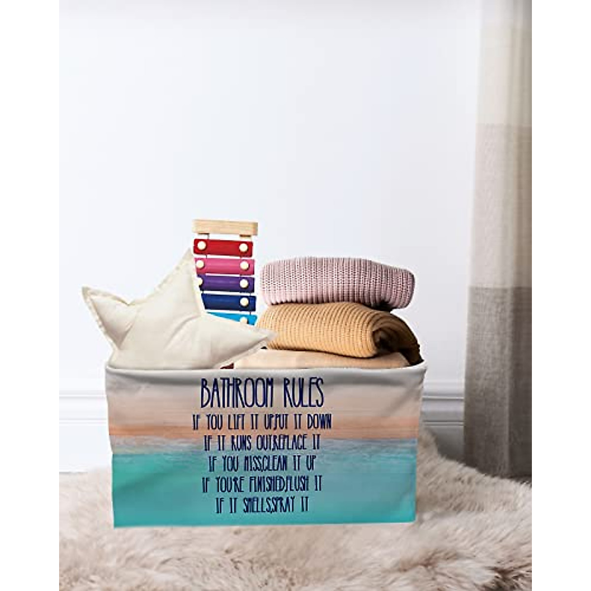 Storage Basket,Summer Ocean Quotes with Starfish Collapsible Storage Bin with Handles Waterproof Foldable Cube Bins Chic Wooden Board Large Organizer Baskets for Shelves Closet Nursery