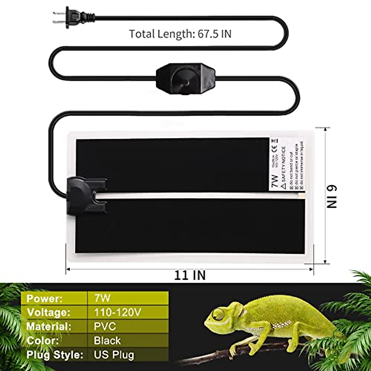 7W 11 x 6 Inch Reptile Heating Pad with Temperature Controller, Non-Adhesive Waterproof Heat Mat, Power Adjustment Tank Terrarium Heater Mat for Reptiles, Amphibians, Pets, Small Animals and Seeding