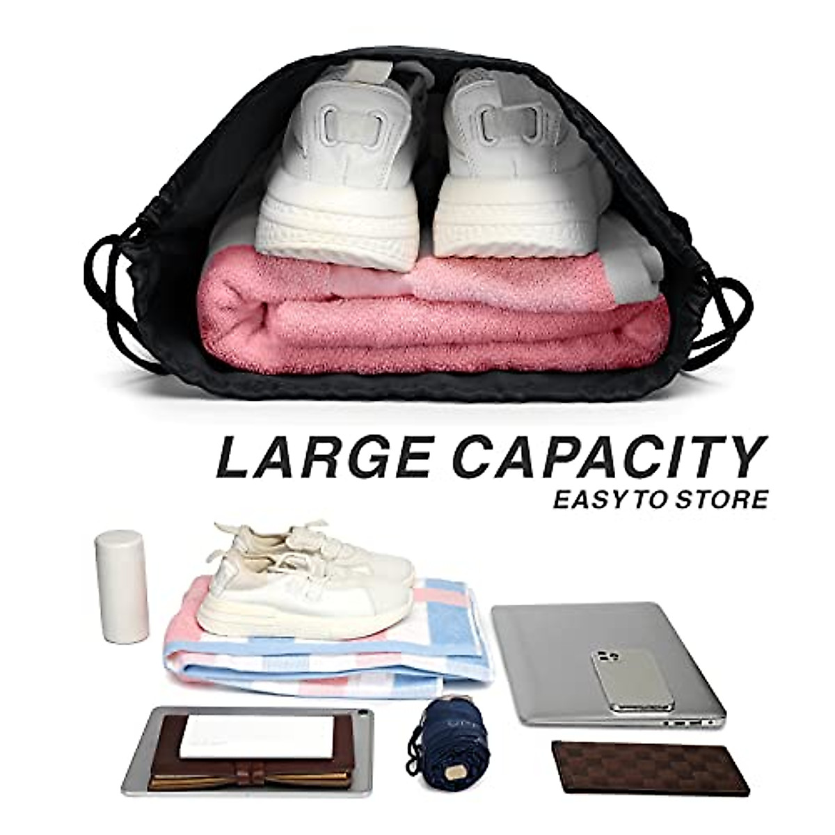 BuyAgain Drawstring Backpack Sports Water Resistant String Bag Sport Gym Sackpack for Women Men Large with Zipper, Black